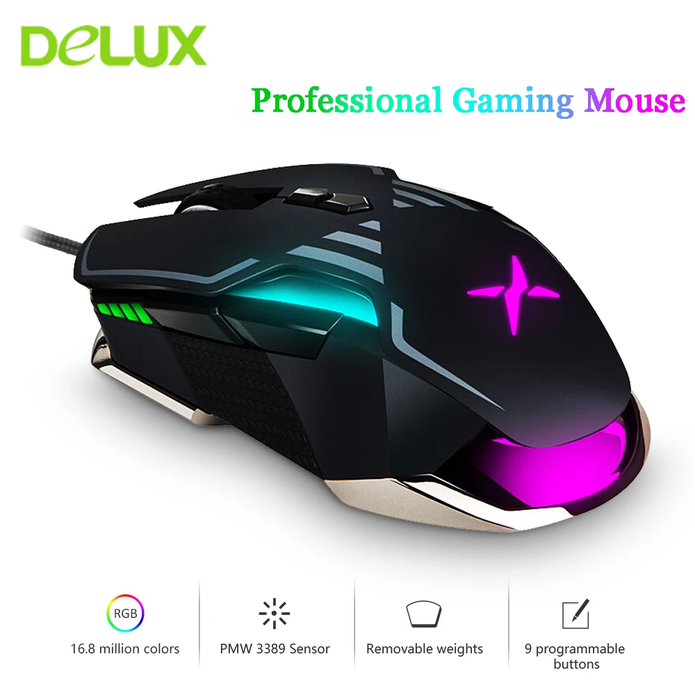 Delux m628 pmw3389 sensor 16000 dpi gaming mouse 9 botões 50g acc rgb ...