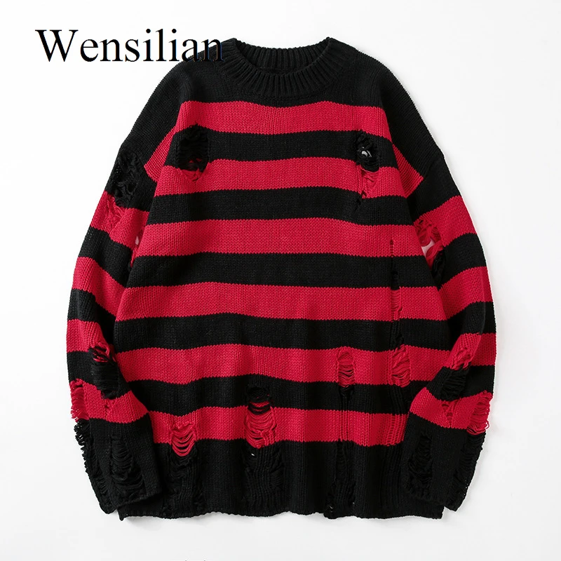 Black Stripe Sweaters Destroyed Ripped Sweater Women Pullover Hole Knit ...
