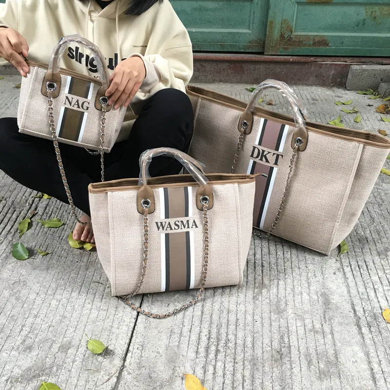 Personalized-Monogram-Tote-Bag-Canvas-Custom-Beige-Brown-White-Chain ...