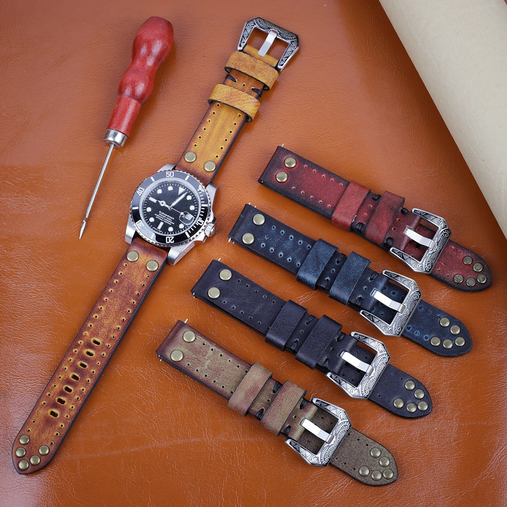 Rivet Leather Watch Strap Handmade Vintage Genuine Leather Watchbands ...
