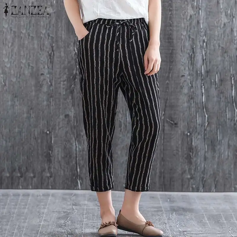 2020 Women Long Turnip Trousers ZANZEA Casual Drawstring Striped Pants ...