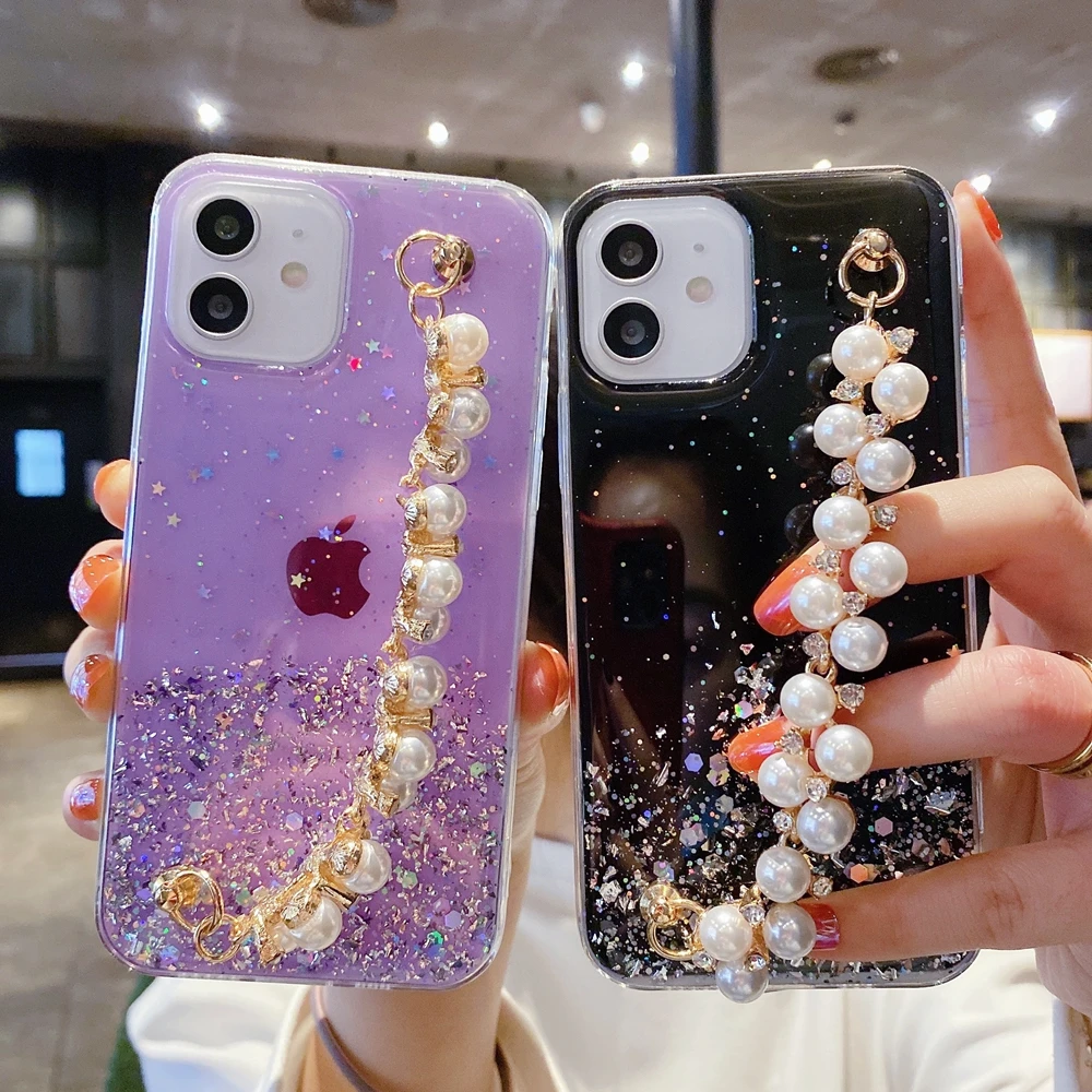 Bracelet Case For Iphone 11 12 Pro Max Mini Luxury Jewelled Pearl Phone ...