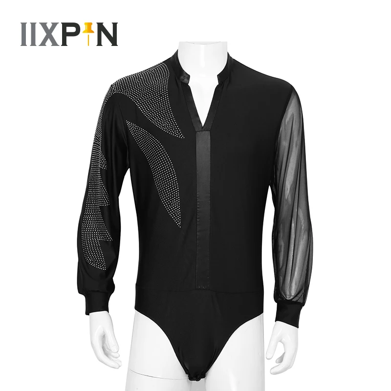 Men Latin dance shirts V neck Side Shiny Rhinestones Long Sleeve ...