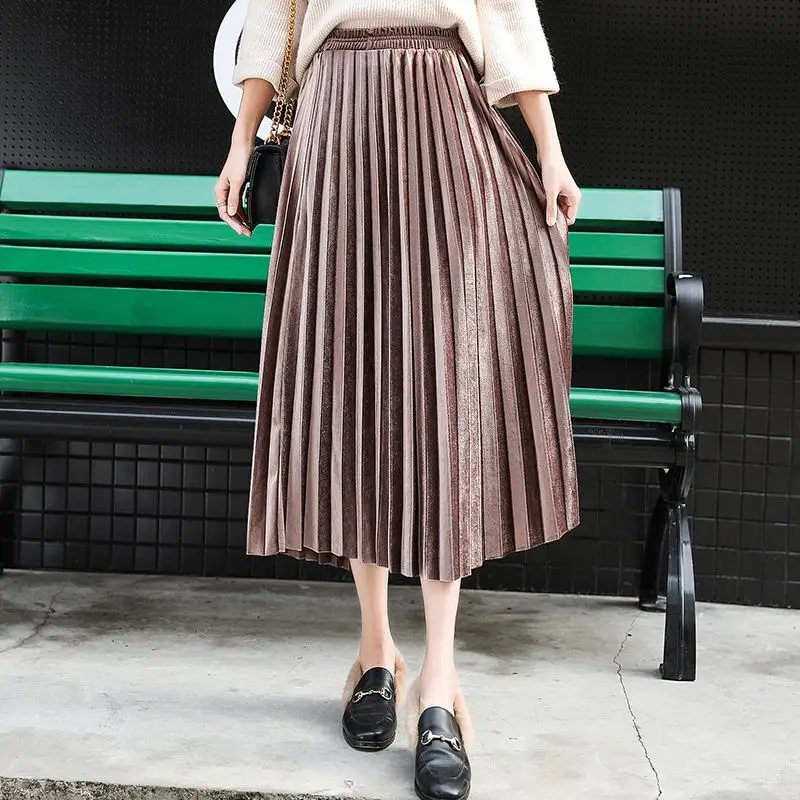 Women Long Metallic Silver Maxi Pleated Skirt Autumn Winter Midi Skirt ...