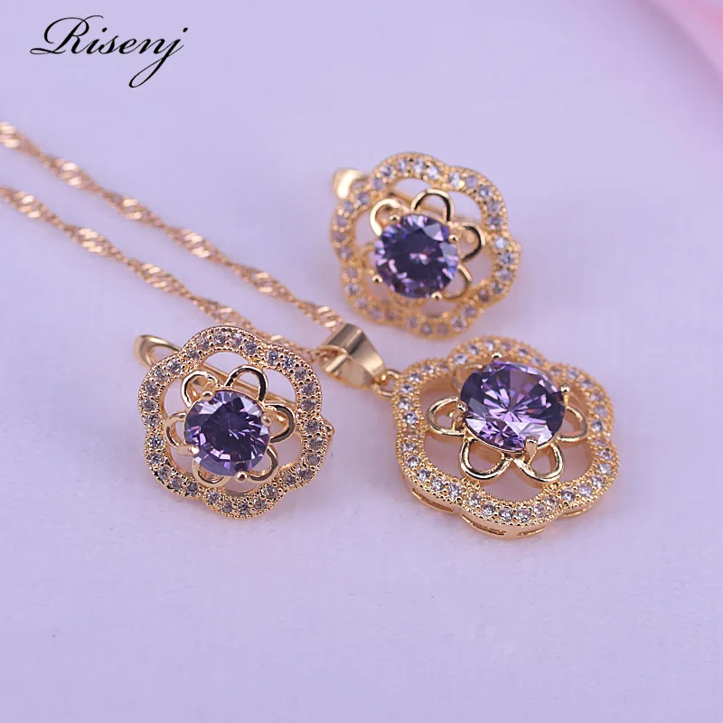 Risenj Conjunto de joyería de oro rosa de 18K para mujer, pendientes ...