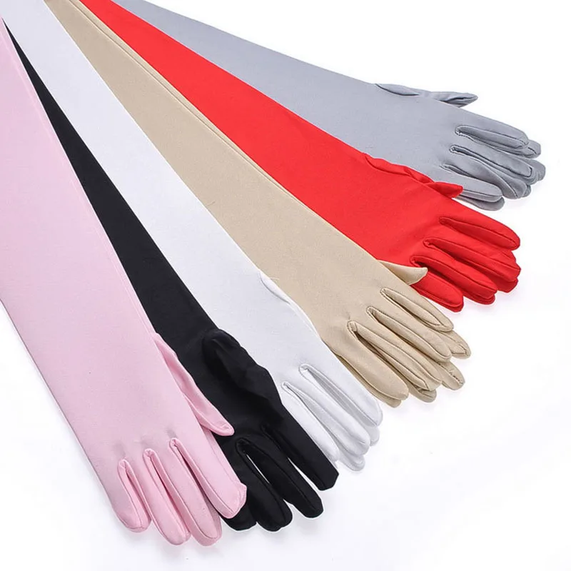 Stretch-Long-Gloves-Woman-Solid-Black-White-Elegant-Wedding-Evening ...