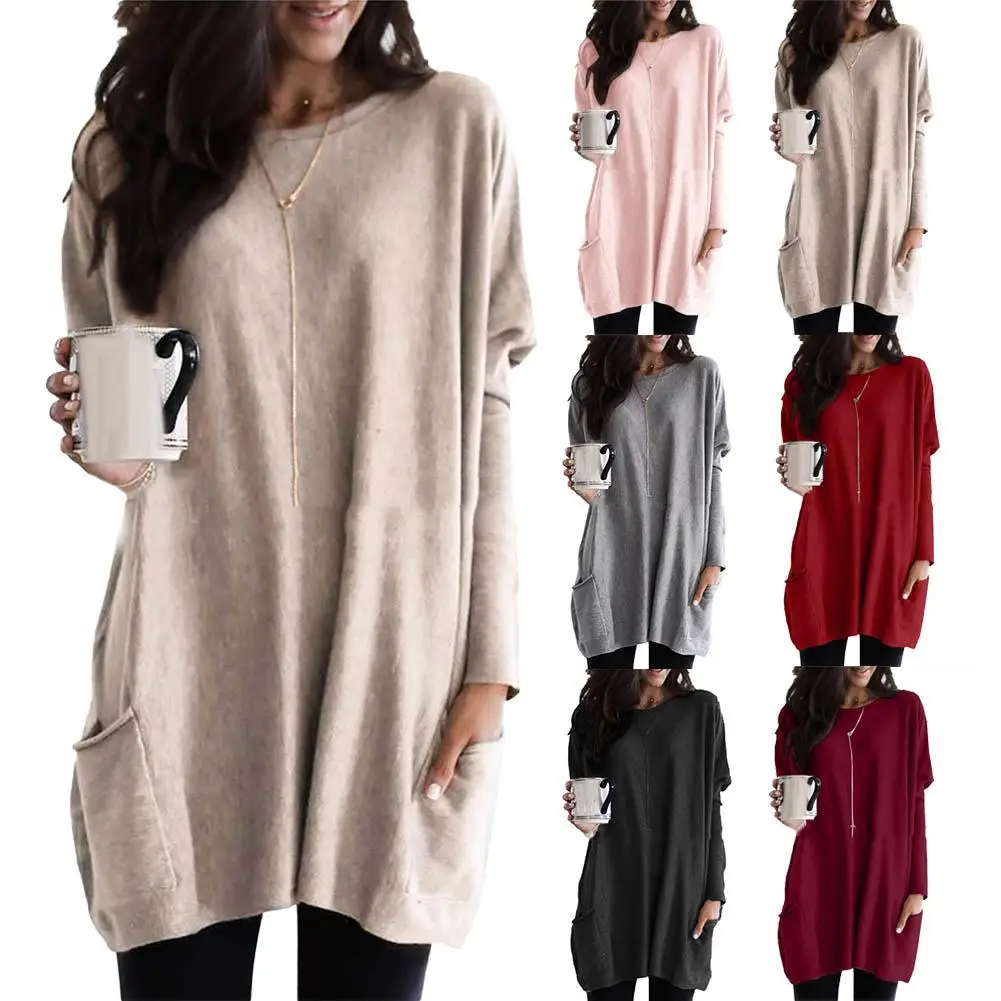 2020-New-Women-Casual-Long-Sleeve-Round-Neck-Pullover-Loose-Solid-Color ...