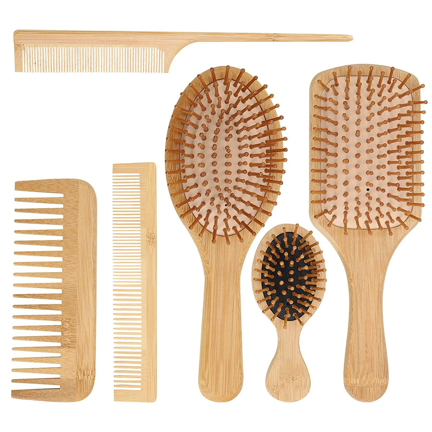 6 Pcs Bamboo Comb Set Nature Wooden Brush Anti-Static Hair Brush Tail ...