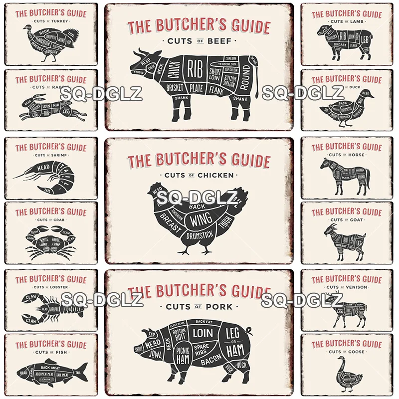 The Butcher Guide Vintage Metal Sign Farm Decor Tin Sign Pub Plates ...