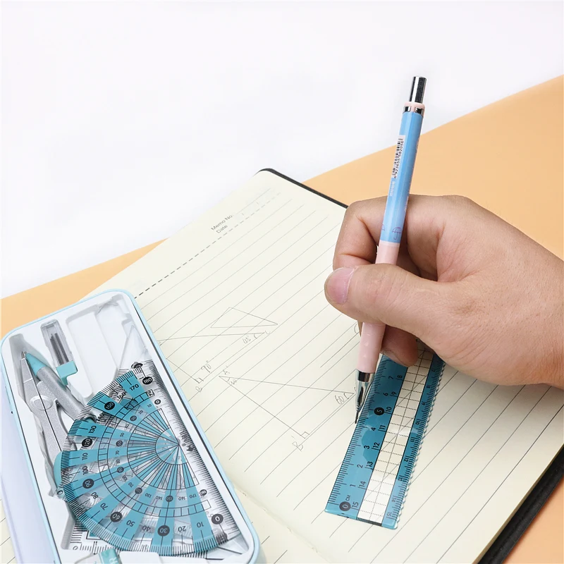 Regle - equerre,Règle de boîte en métal,7 pièces,boussole,gomme ...