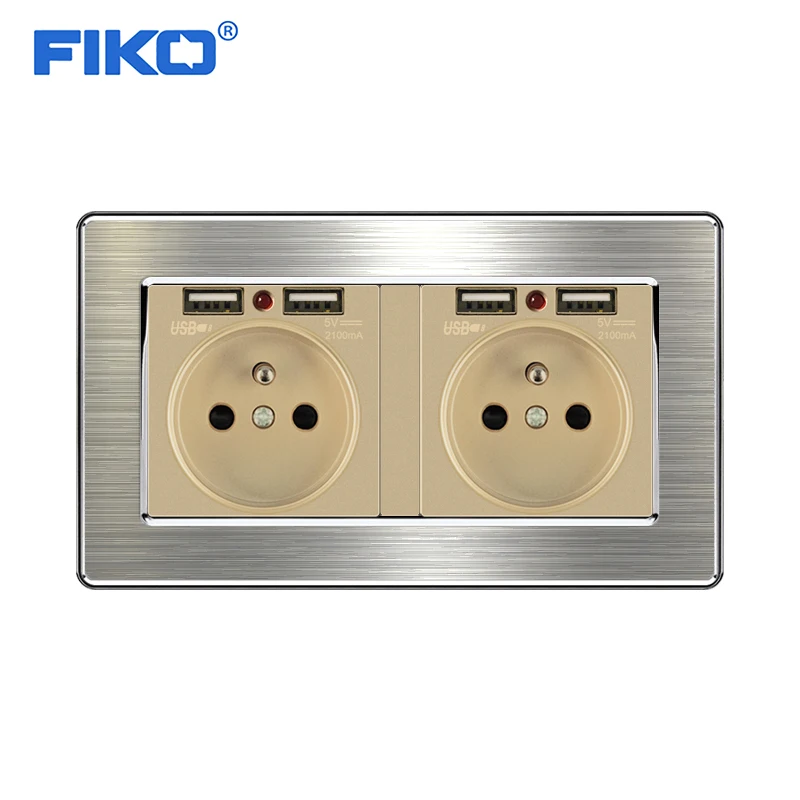 FIKO stainless steel panel socket 2gang16A FR EU French socket with ...