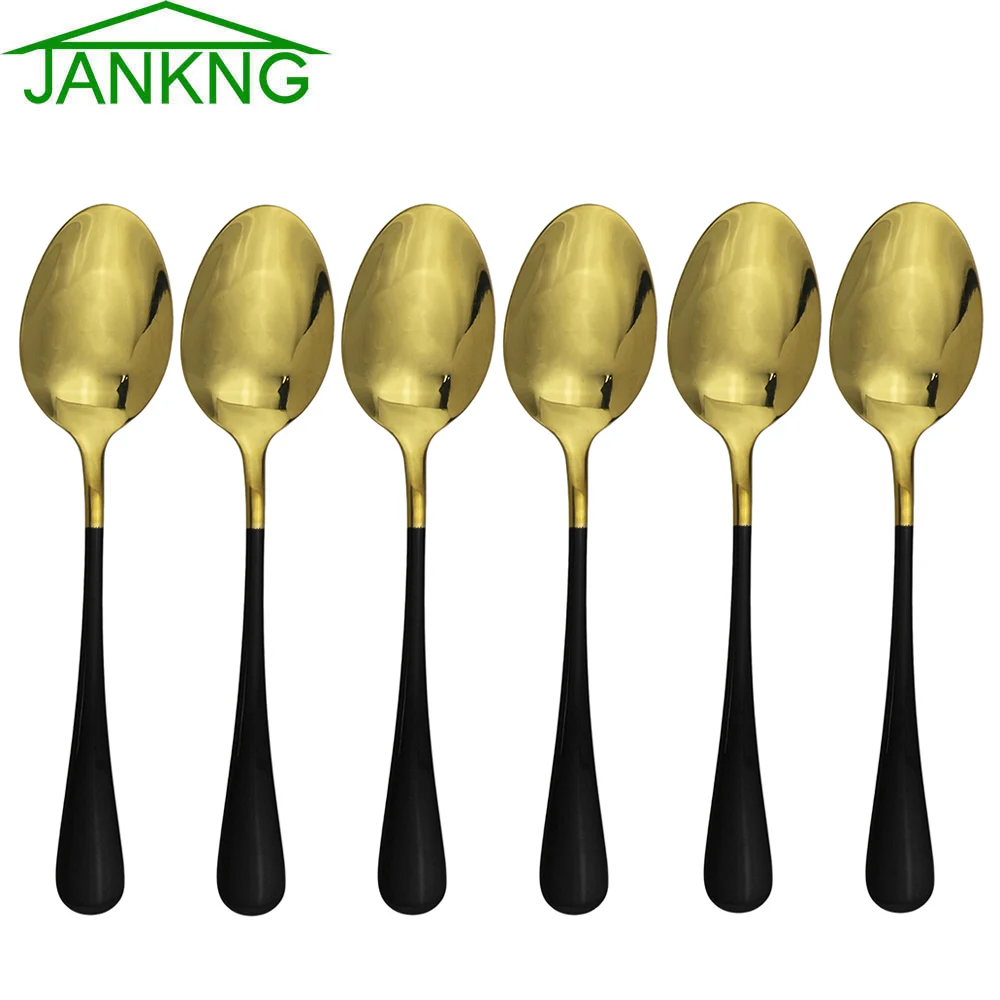 6 Pcs Tableware HITAM HANDLE Emas Makan Set 304 Stainless Steel Sendok ...