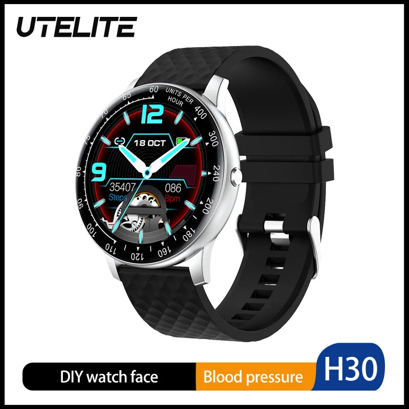 UTELITE H30 Smart Watch Men Women DIY Watch Face Full Touch Round Screen Heart Rate Blood ...