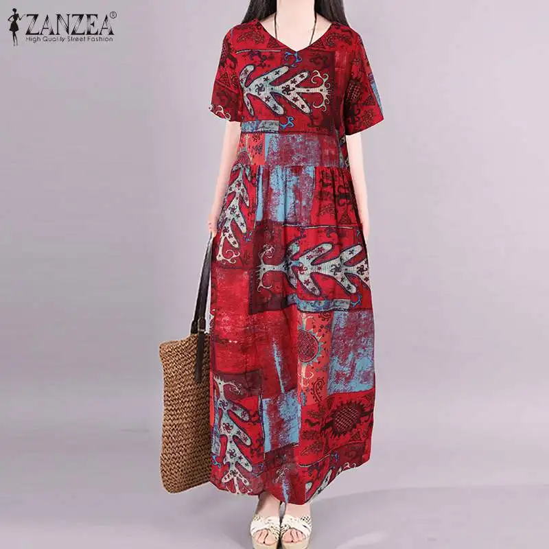 Plus Size Bohemian Printed Dress Zanzea Women Vintage Short Sleeve