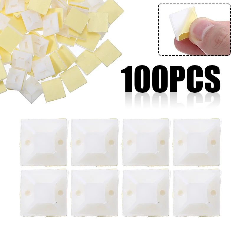 100 PCS/Pack Self Adhesive Cable Base Mounts White Cable Wire Zip Tie ...