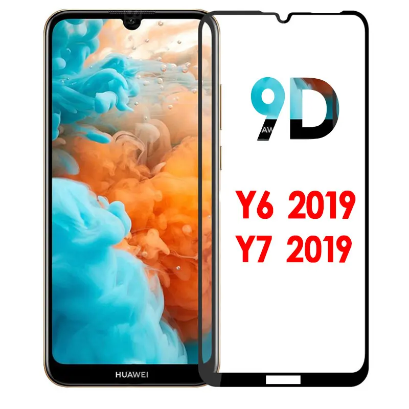 Protector de pantalla de vidrio templado 9D para huawei y6 2019, película protectora para huawei ...