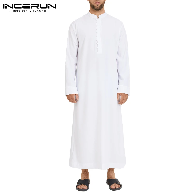 Muslim Men Jubba Thobe Long Sleeve Solid Color Breathable Robes 2021 Stand Collar Islamic Arabic ...
