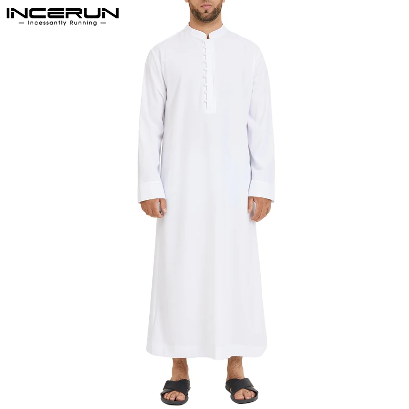 Muslim Men Jubba Thobe Long Sleeve Solid Color Breathable Robes 2023 Stand Collar Islamic Arabic ...