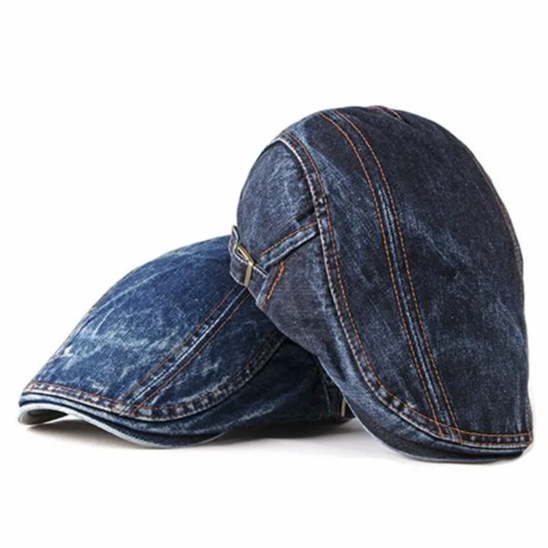 2020 four seasons Denim Solid Newsboy Caps Men Washed Flat Peaked Cap ...