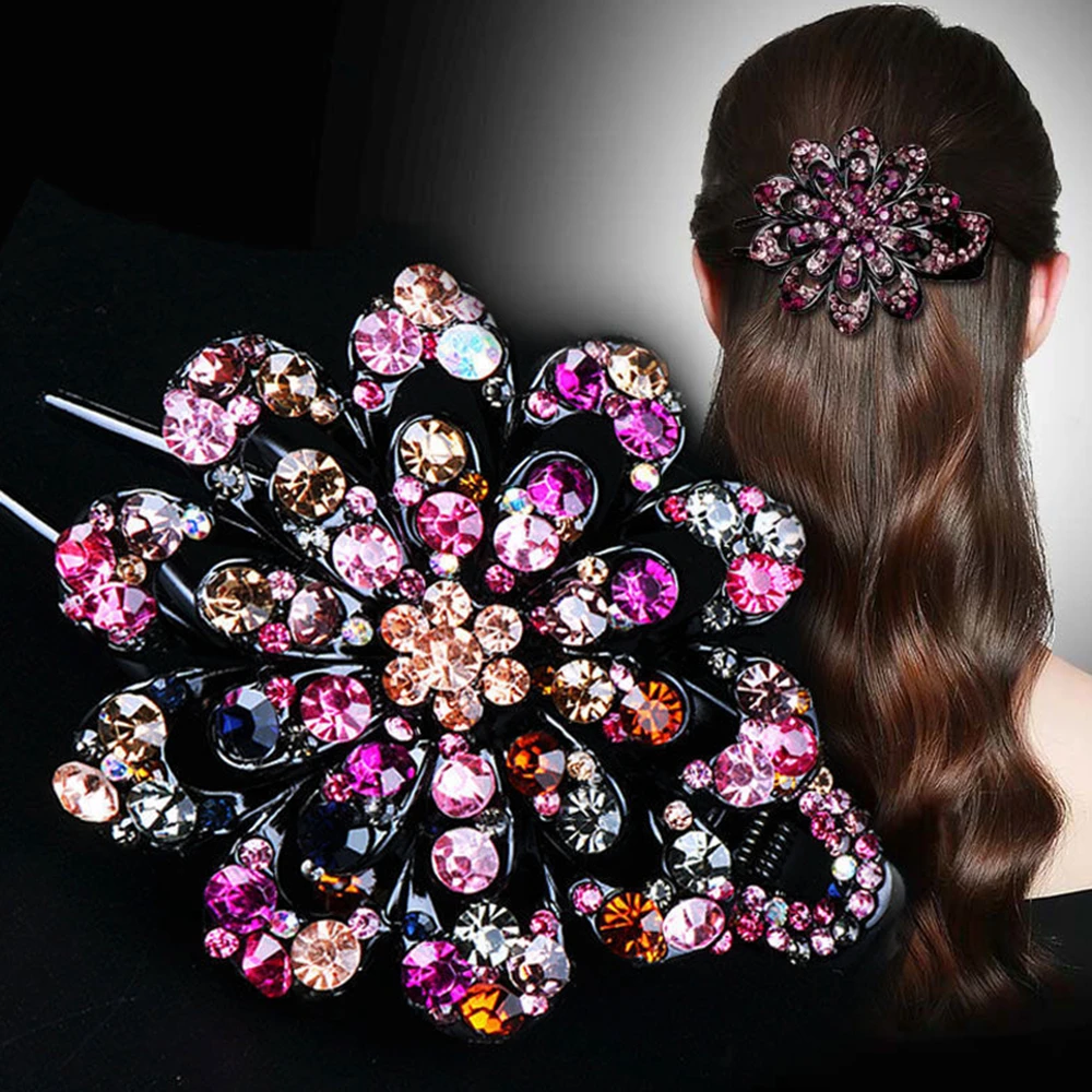 2020 Hot Sale Rhinestone Double Bunga Rambut Klip Rambut Kristal Rambut ...