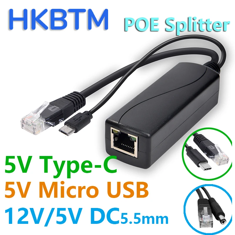 HKBTM POE Splitter 48V a 5V 12V Micro USB tpye c BarrelJack fuente de ...