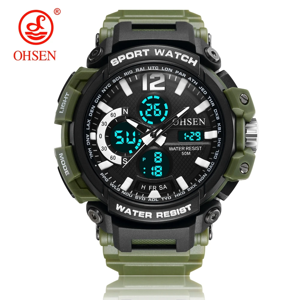 Ohsen Digital Quartz Waterproof Men Watch Dual Time Outdoor Sport Green ...