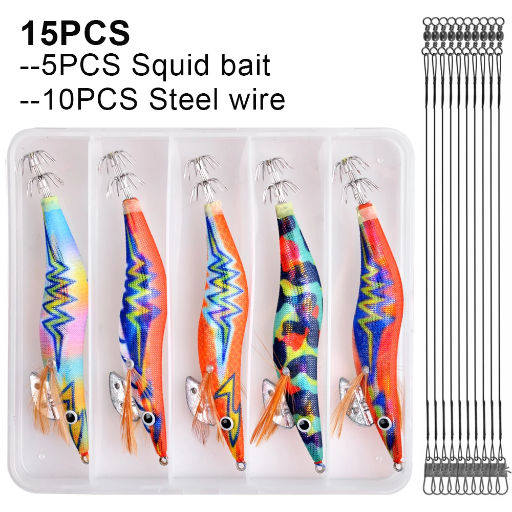 15Pcs Luminous Fishing Squid bait Steel Wire Leader Set Saltwater Wood ...