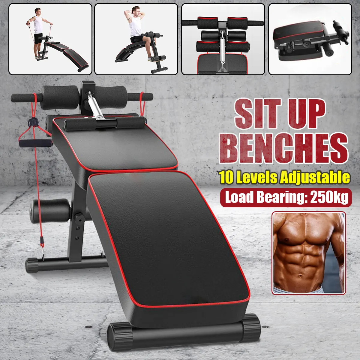 Folding Sit Up Bench With Elastic Band Abdominal Exercise Adjustable ...