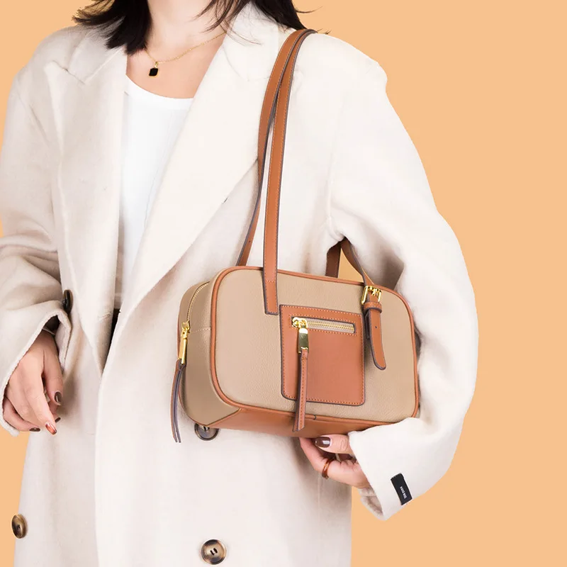 High Quality Genuine Leather Women Shoulder Bag Color Contrast Luxury ...