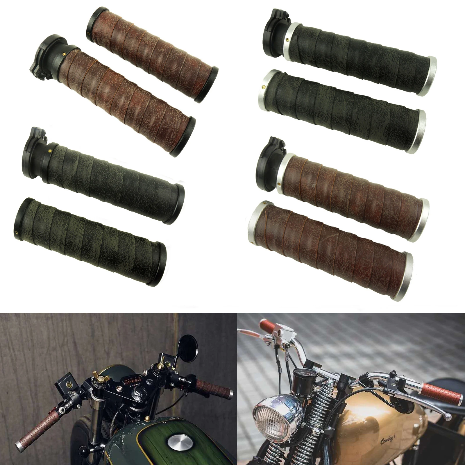 Universal 22MM CNC Vintage Motorcycle Handle Bar Grips with Retro PU ...