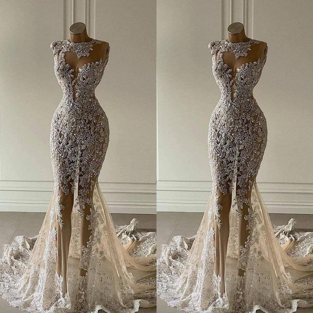 2021 New Crystal Mermaid Wedding Dresses See Through Lace Appliqued ...