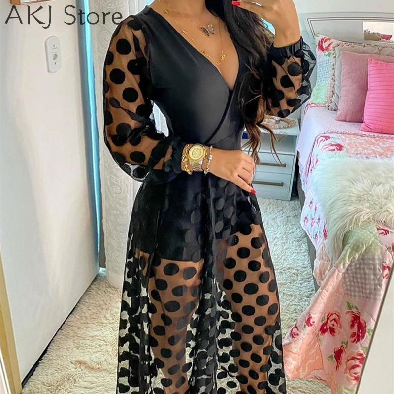 Vrouwen Sexy Polkadot Print Wrap Lange Mouwen Maxi Jurk See Through Party Elegante V hals Lange ...