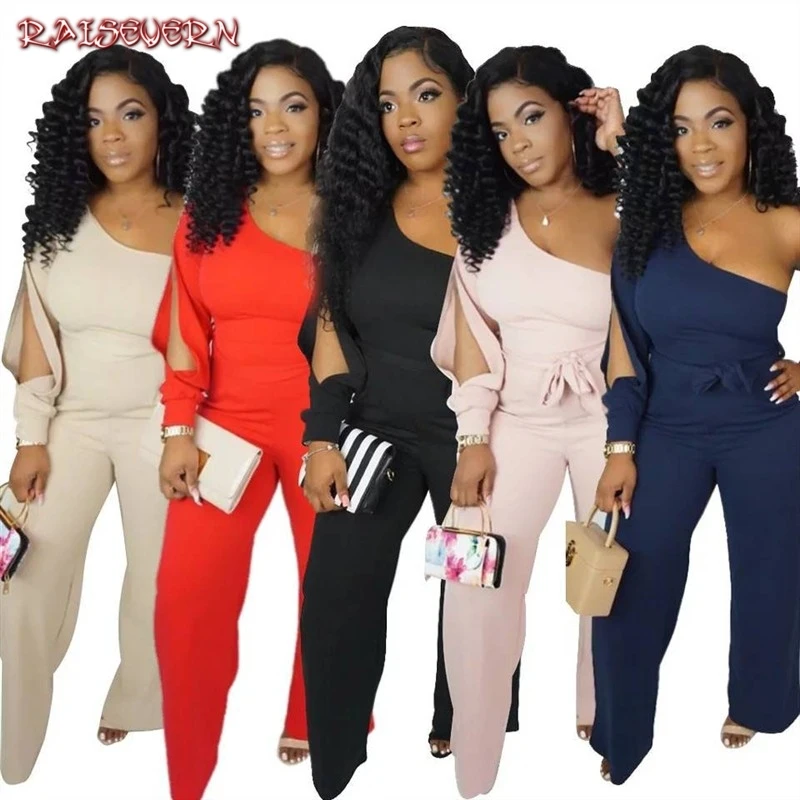 Сексуальный комбинезон размера плюс 2XL на одно плечо с широкими штанинами, с разрезом на ...