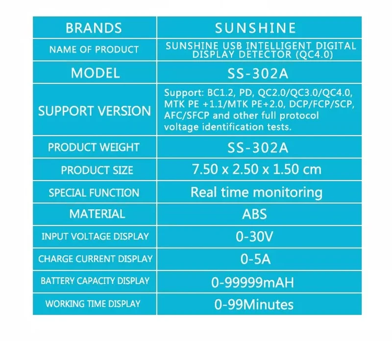USB TESTER SUNSHINE SS-302A - Patagonia Cell Neuquén