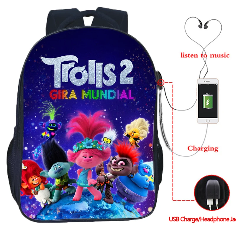 New Movie Trolls World Tour USB Double Layer Anime Travel Bag Poster ...