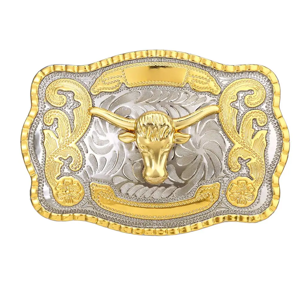 Biger gold silver rectangle texas long horn bull head buckle for man ...