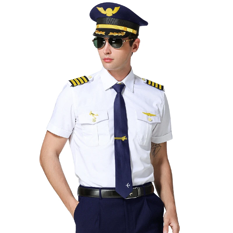 Men Business Casual Uniform Aviation Pilot Captain White Long Sleeve ...