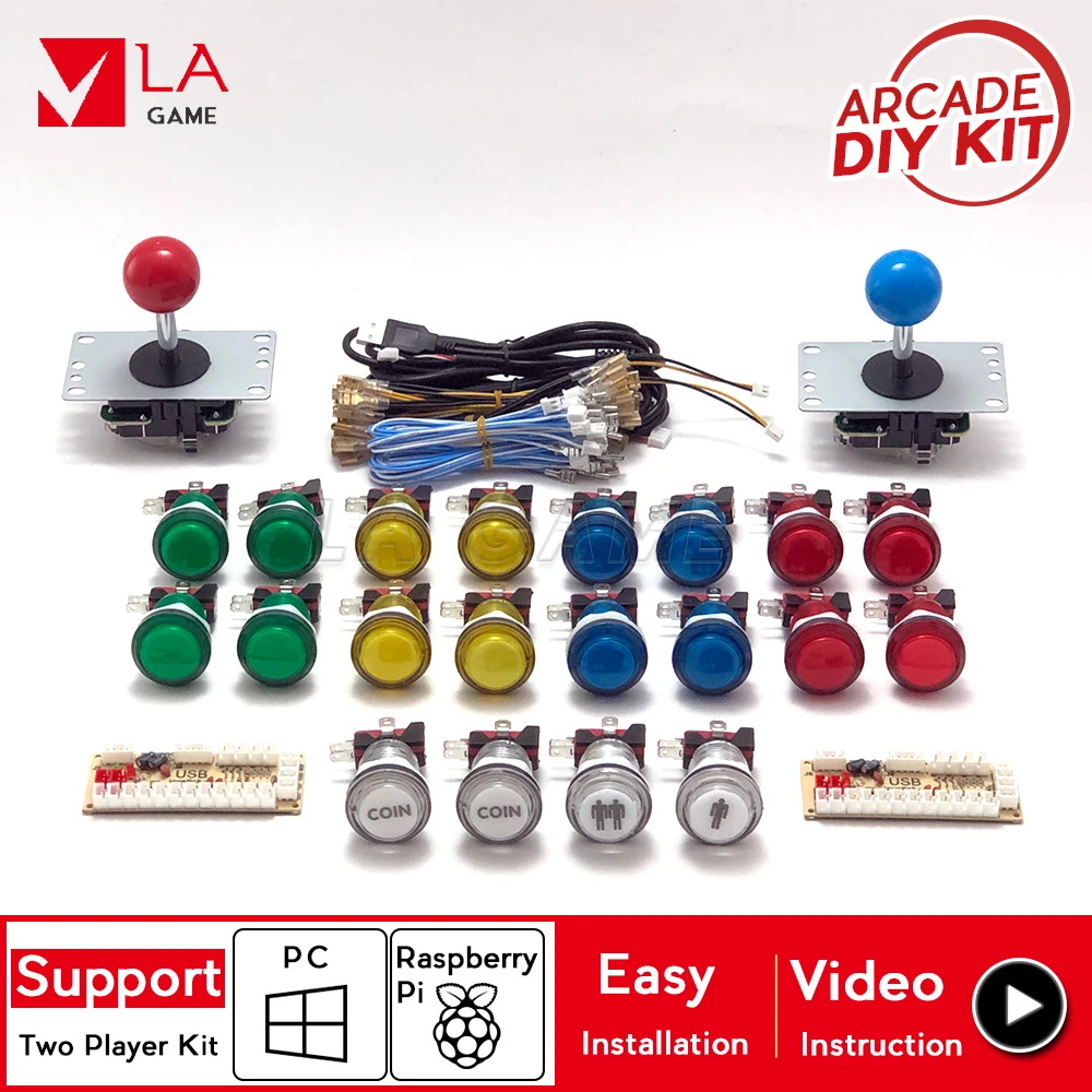 Kit Arcade 2 Player Zero Delay Mando Arcade Usb Encoder To Pc Rasberry Pi 33mm Led Push Button ...