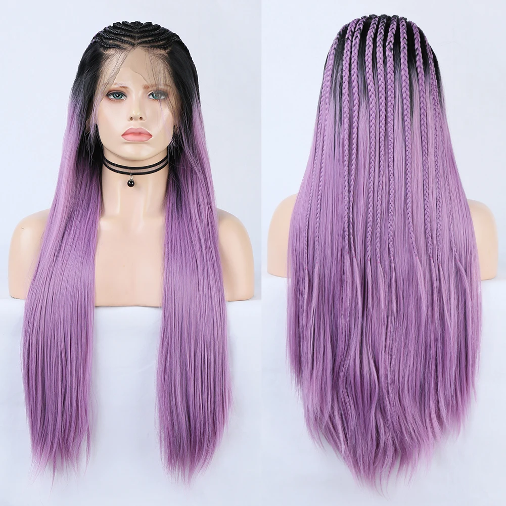 꼰된 상자 Braids 가발 Ombre 보라색 레이스가 발 여성을위한 긴 머리 합성 레이스 프런트가 발 고온 섬유 코스 프레가