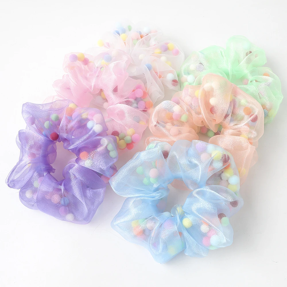 2020 Summer Girls Organza Schrunchies For Children Small Fur Ball ...