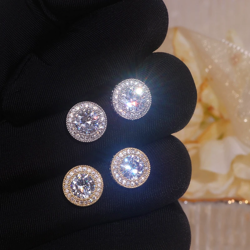Classic Round Stud Earring for Women Elegant Shiny Full Paved CZ Zircon ...