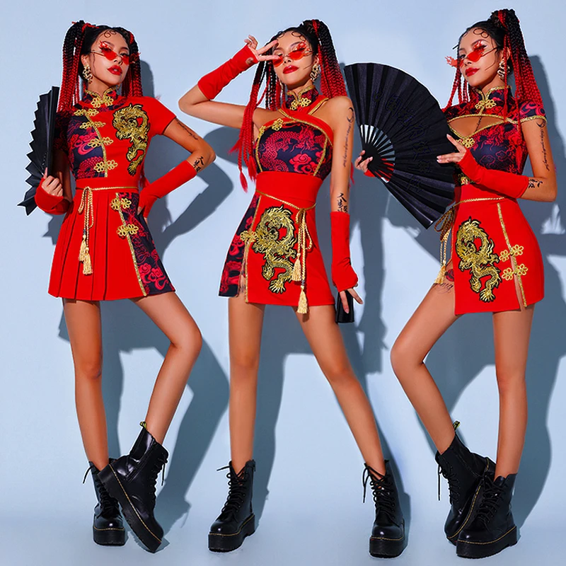 New Chinese Style Women Jazz Dance Costumes Hip Hop Red Outfits Female ...