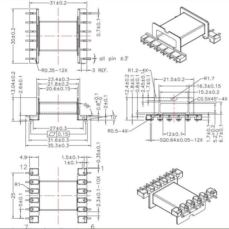 S 5-Set EE25 Ferrite Core Transformer Kits - 5+5 Pin Bobbin For ...