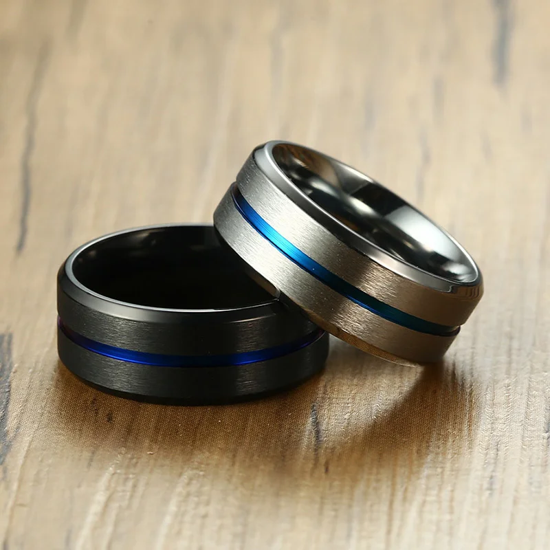 Vnox 8mm Casual Black Men Ring Blue Line Stainless Steel Male Wedding ...