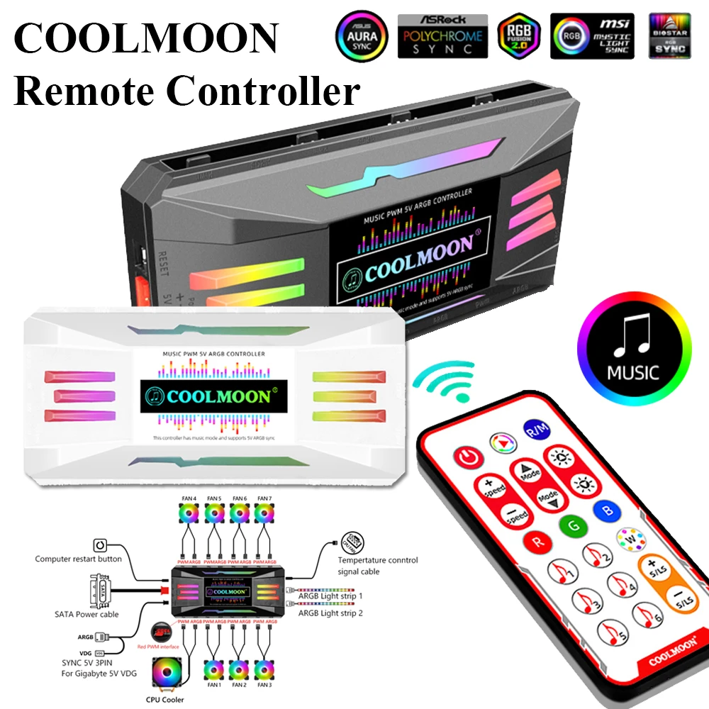 COOLMOON ARGB Remote Control 4Pin PWM 5V 3Pin Synchronization Wireless ...