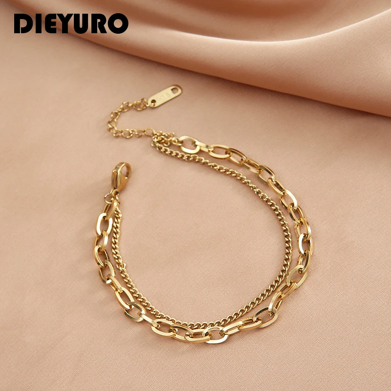 DIEYURO 316L Stainless Steel Punk 2 Layer Bracelet Simple Irregular Chain Gold Silver Colours ...