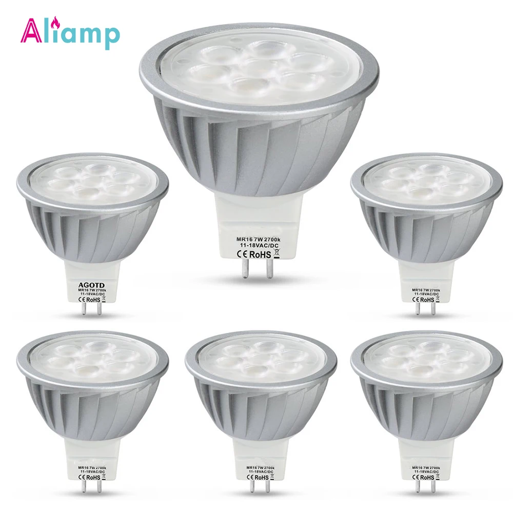 MR16 LED Bombilla GU5.3 7W Spot 12V 2700K blanco cálido 50W halógeno equivalente sin parpadeo de ...