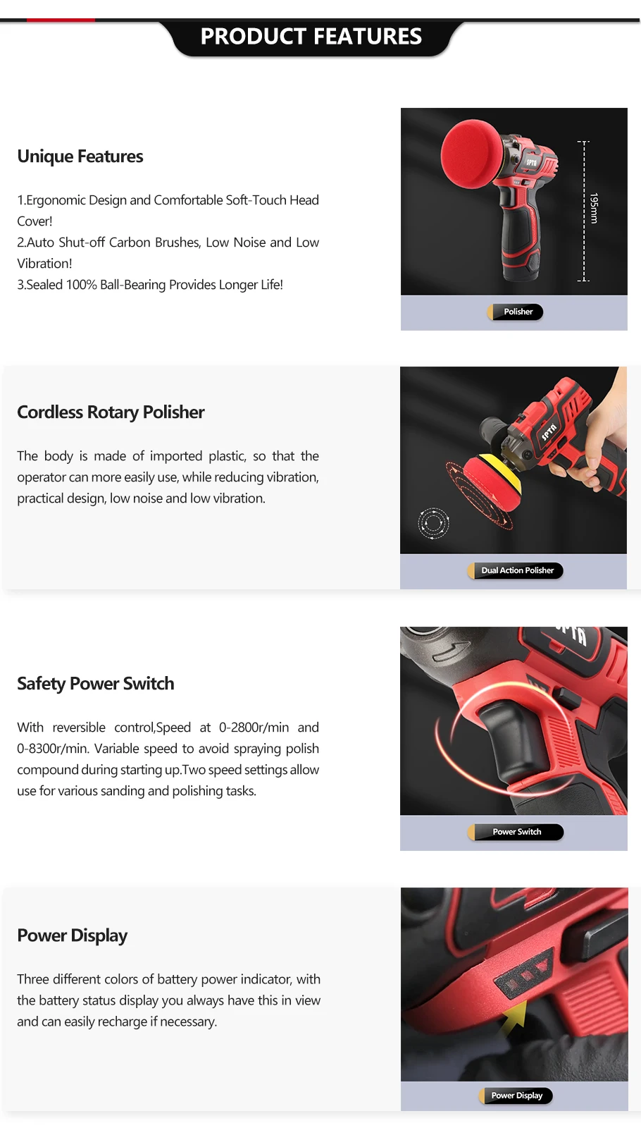 SPTA 12V Cordless Car Polisher Tool Set Cordless Drill Drive Variable ...