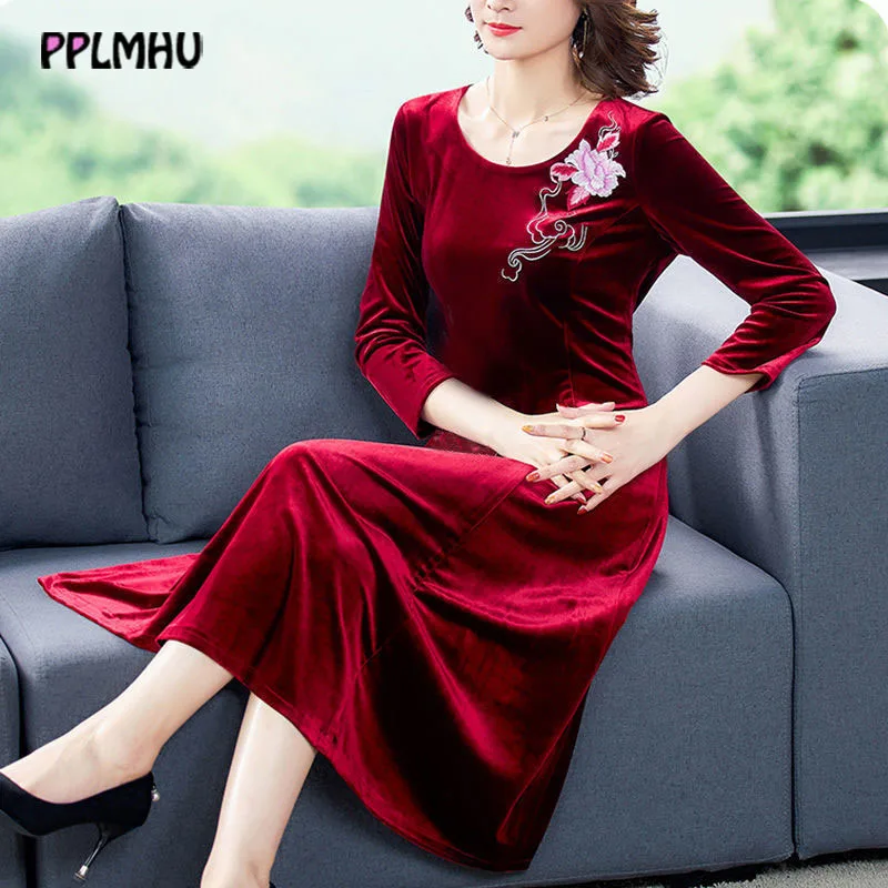 Robe-en-velours-brod-e-vintage-pour-femmes-robes-en-velours-manches ...