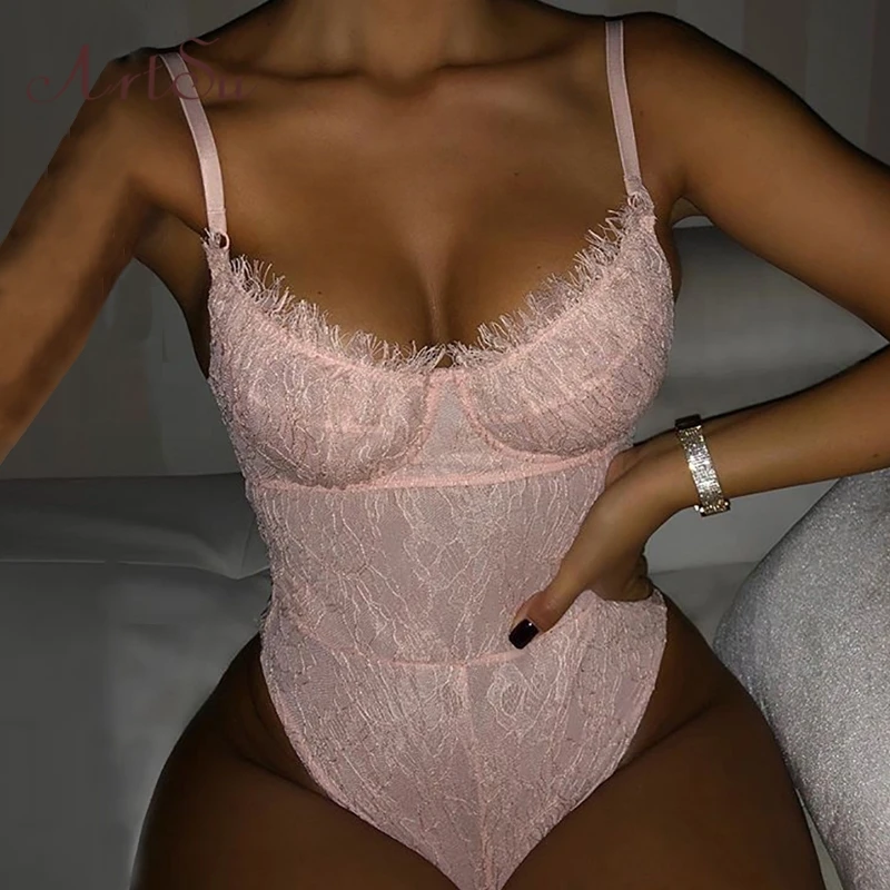 Artsu 2019 Cute Pink Mesh Lace Bodysuit Straps Sexy Sleeveless Teddy